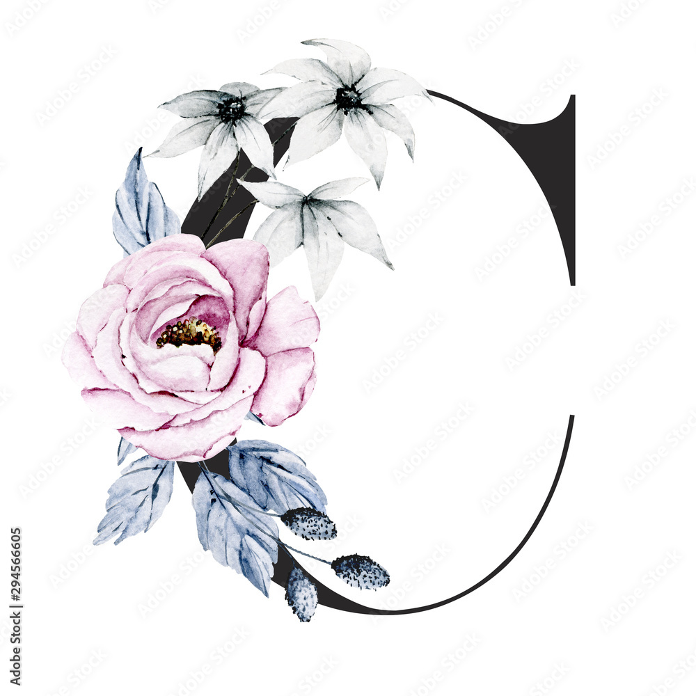 Letter c with watercolor flowers and leaves. Floral alphabet, monogram ...