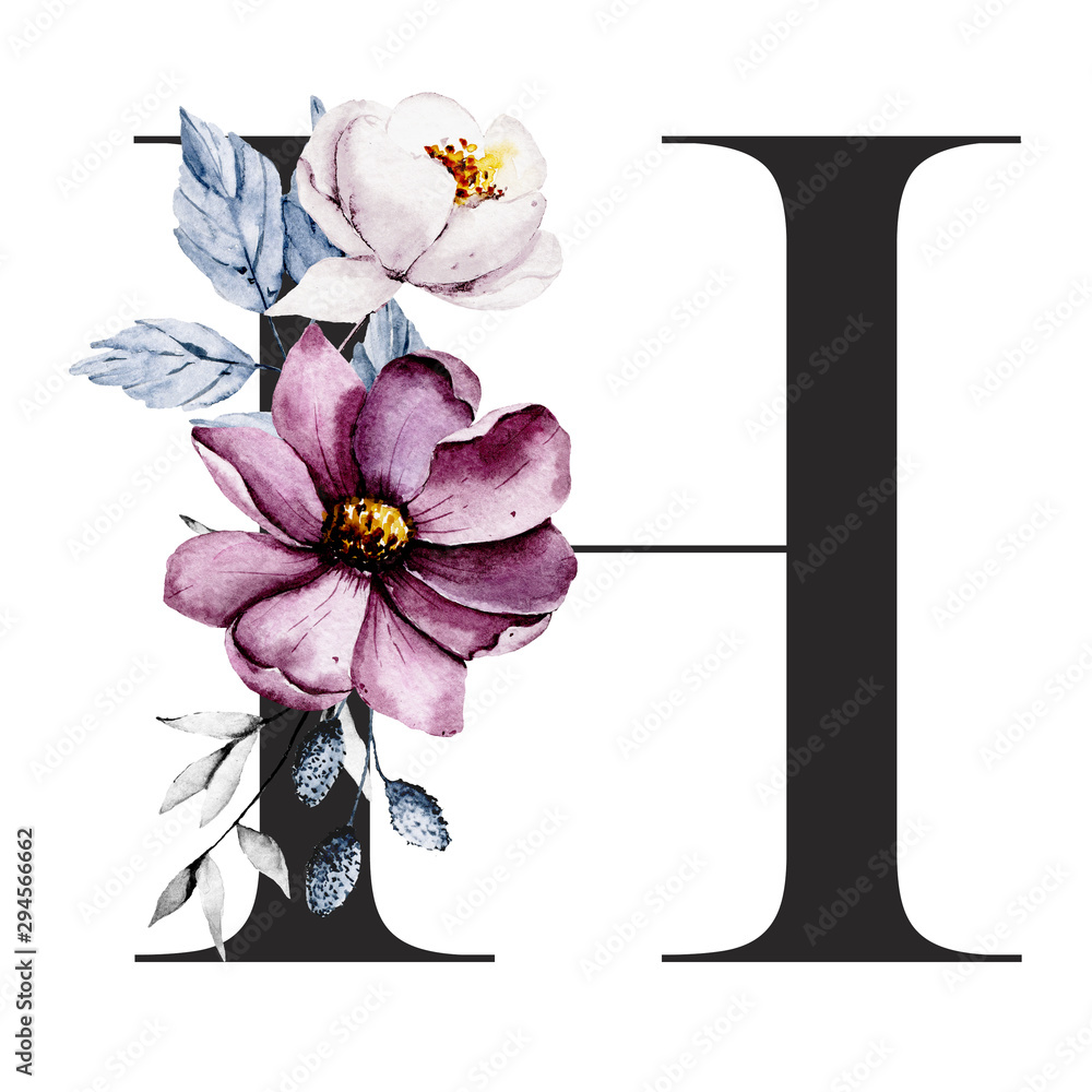 Letter h with watercolor flowers and leaves. Floral alphabet, monogram ...