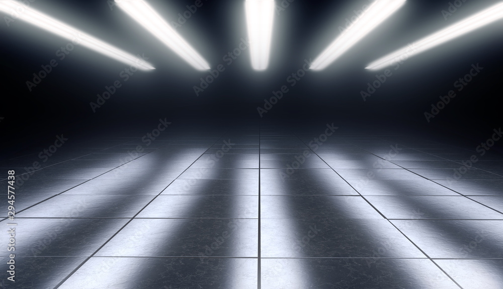 Dark empty room with reflective tiles floor and lights. 3d rendering ...