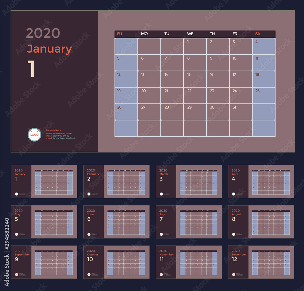 Wall or Desk Monthly Calendar for Year 2020. Vector Design Template ...