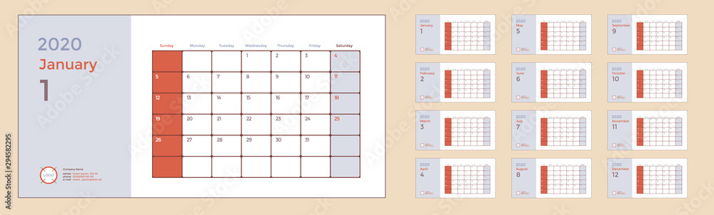 Wall or Desk Monthly Calendar for Year 2020. Vector Design Template ...