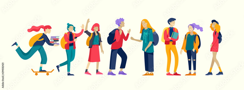 Happy teenagers and students. Group of friends character are laughing ...