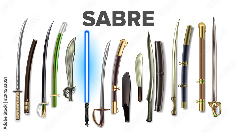 Bright Collection Of Ancient Sabers Set Vector. Katana And Machete ...