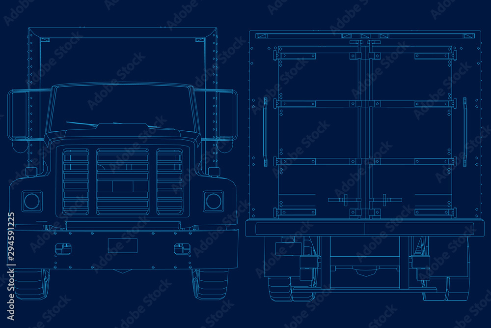 Outline of a truck of blue lines on a dark background. Front and back ...