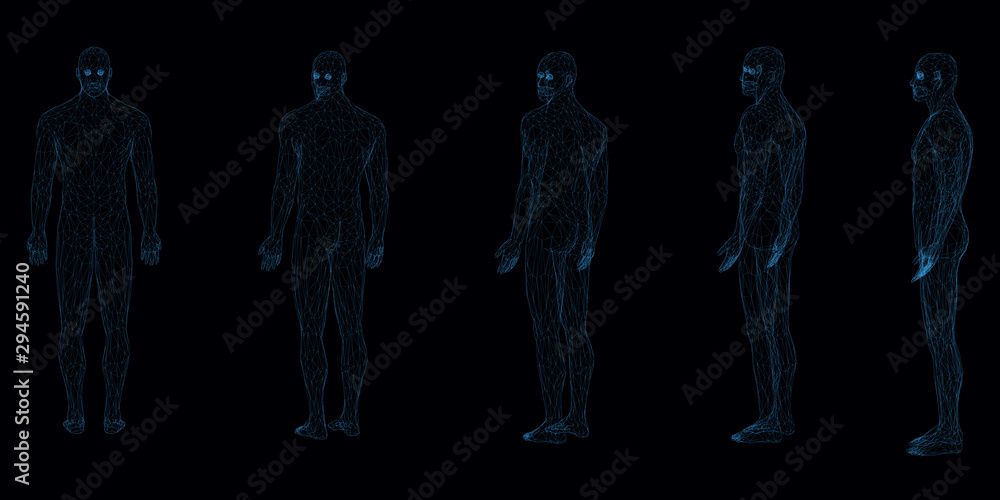 Set with skeleton of a human body turning sequentially. Back view ...