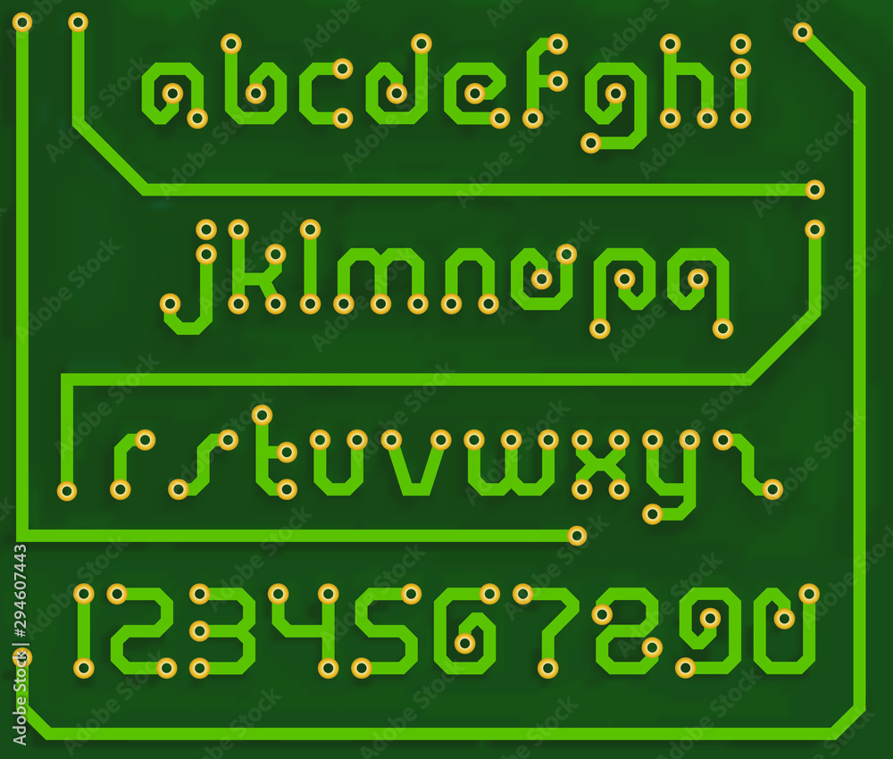 Alphabet print circuit board in the form of letters. Vector font ...