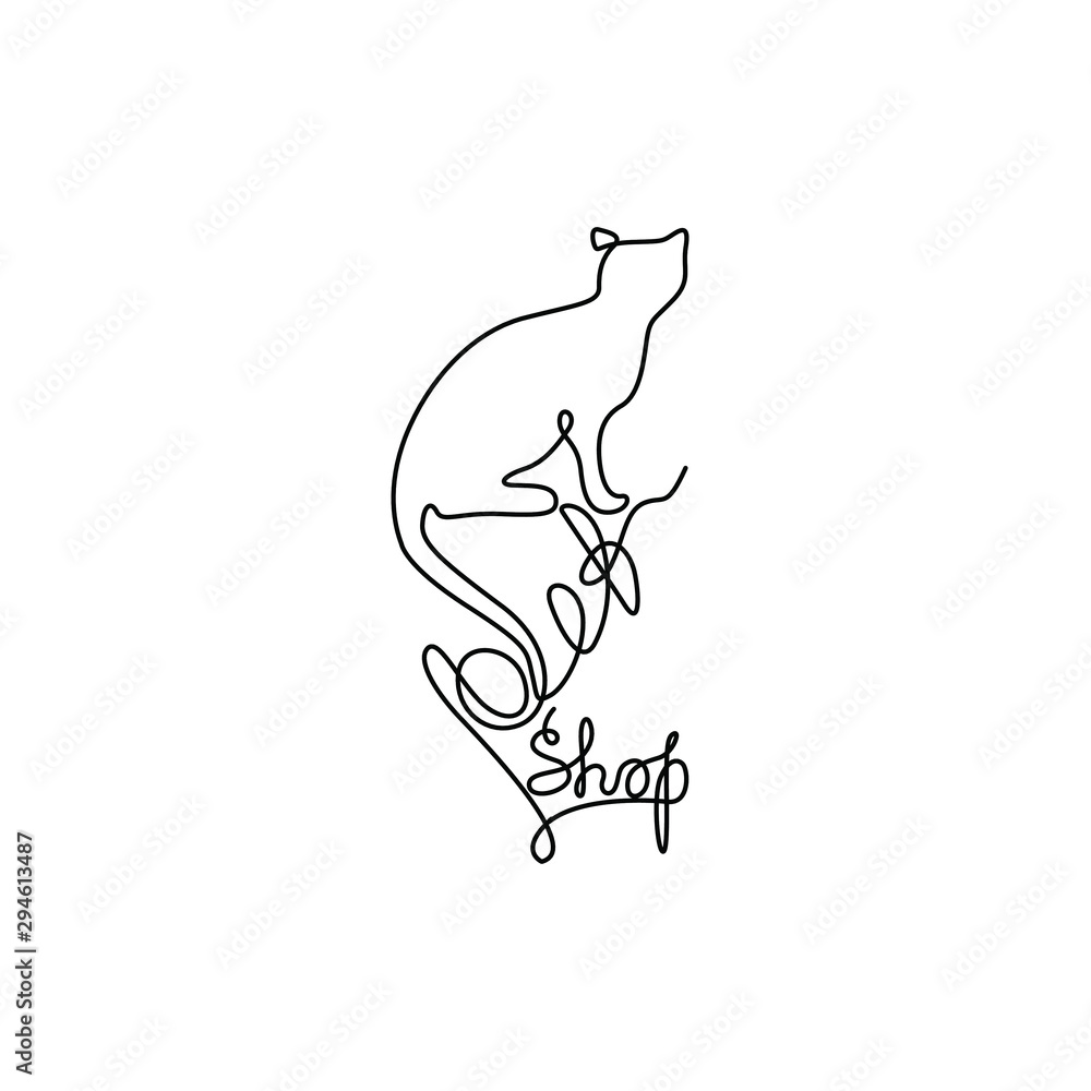 Pet shop lettering and cat silhouette emblem or logo design, continuous ...