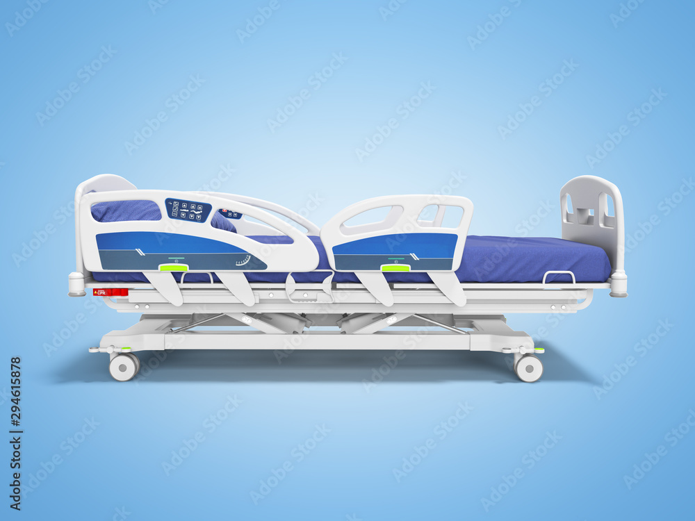 Blue hospital bed with lifting mechanism with control panel isolated 3D ...