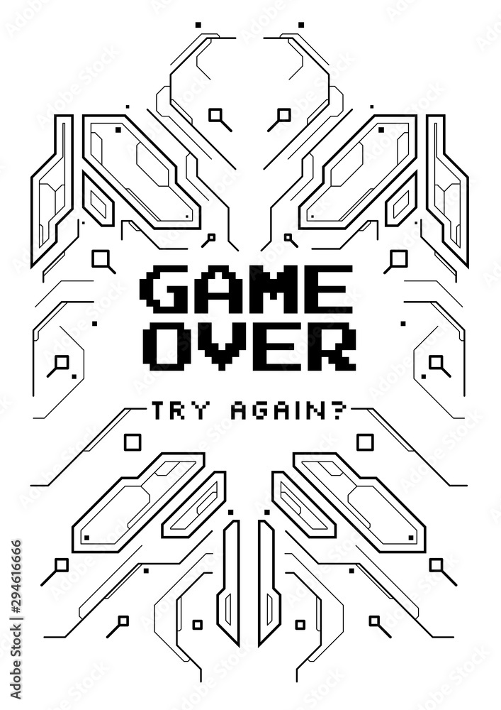 Futuristic poster with retro games elements. Game over screen with ...