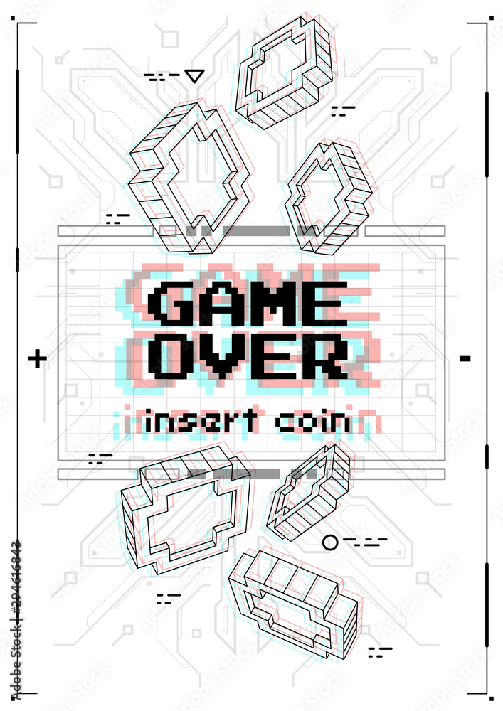 Futuristic poster with retro games elements. Game over screen with ...