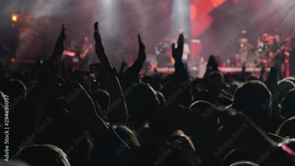 People clap their hands at night rock concert. Group of fans with ...