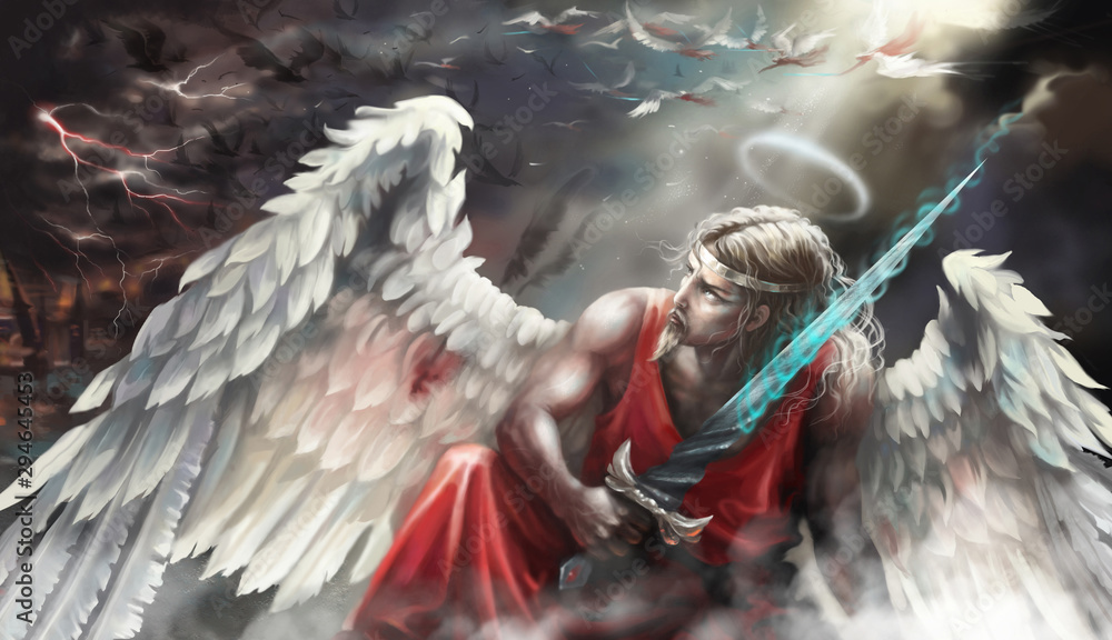 Angel with the sword. Fell. Battle of angels. Digital painting ...