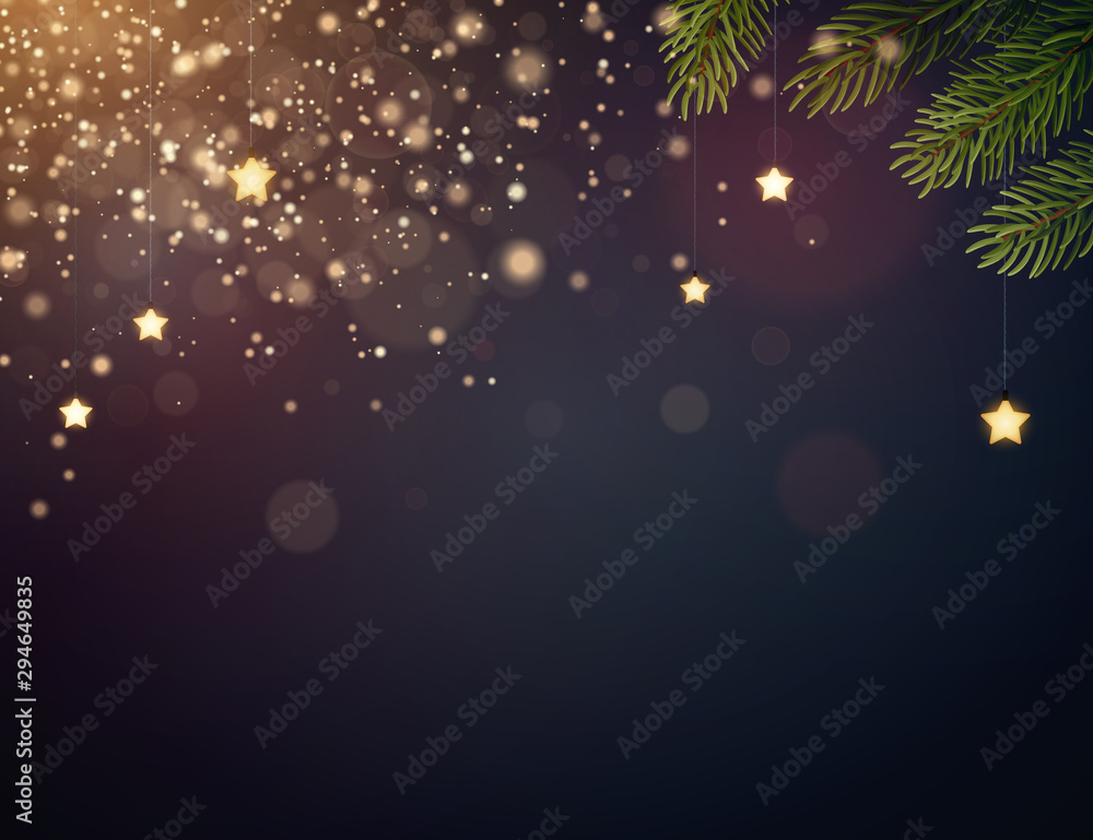 Christmas background design with yellow glowing stars, fir tree ...