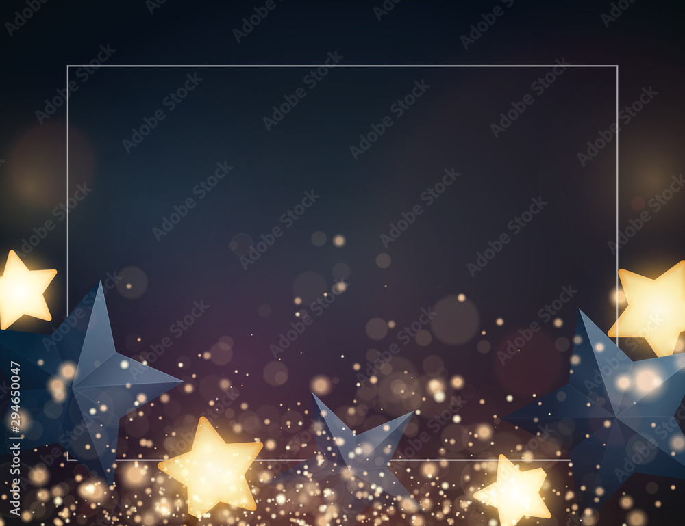 Christmas background design with yellow glowing stars, blue paper stars ...