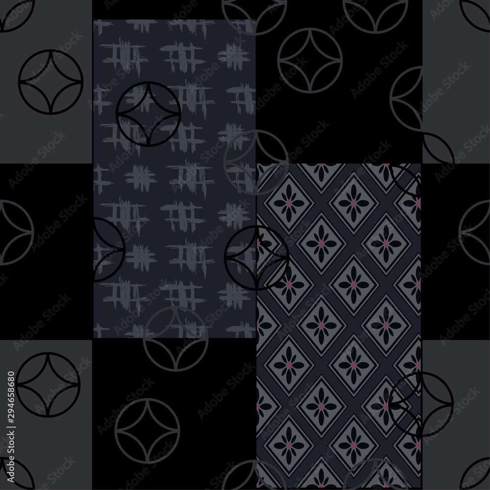 Japanese pattern with oriental motifs Igeta, Saiwai-bishi, shippo. Dark ...