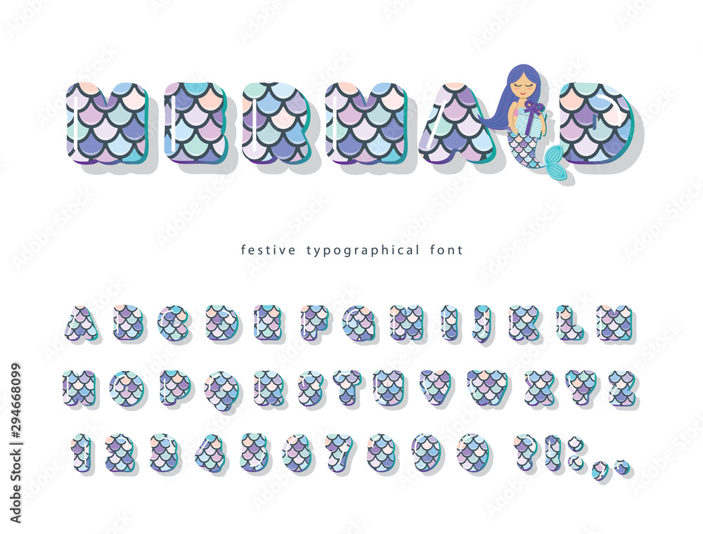Mermaid scale font. For birthday cards, posters. Vector illustration ...
