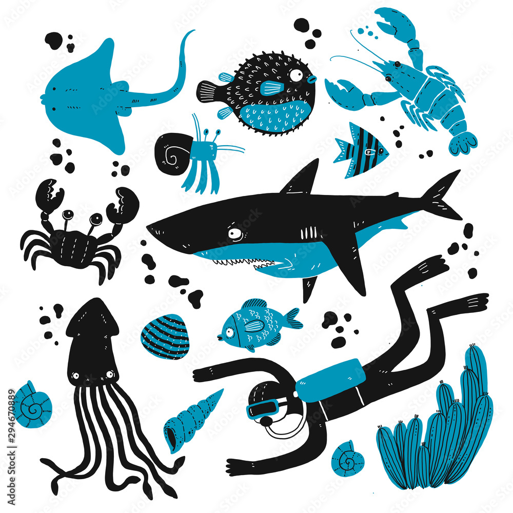 Set of deep sea creatures sketches. Hand drawn vector illustration ...