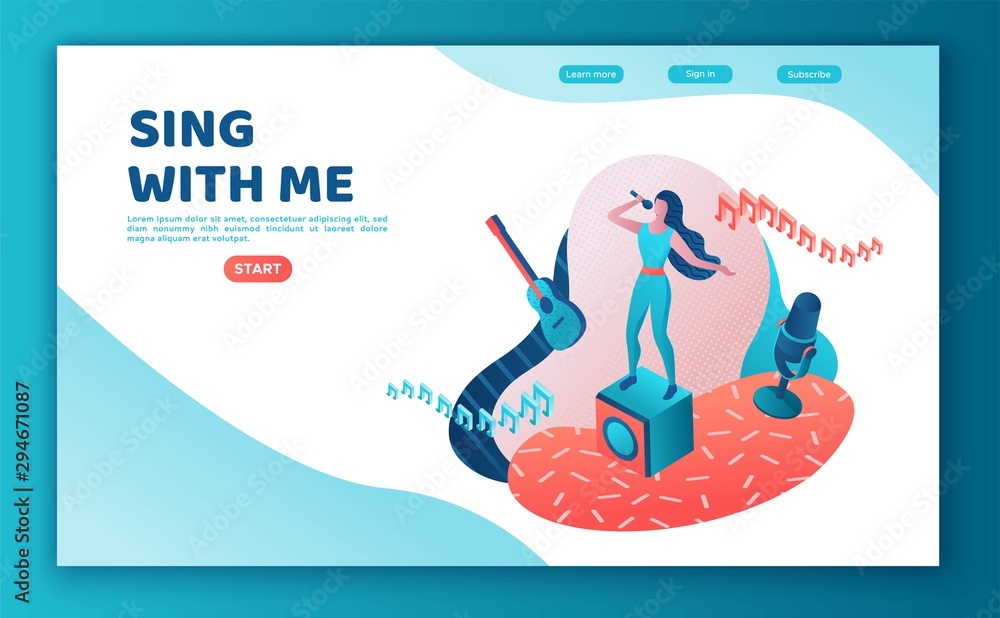 Singer contest 3d isometric landing page, vector colorful illustration ...