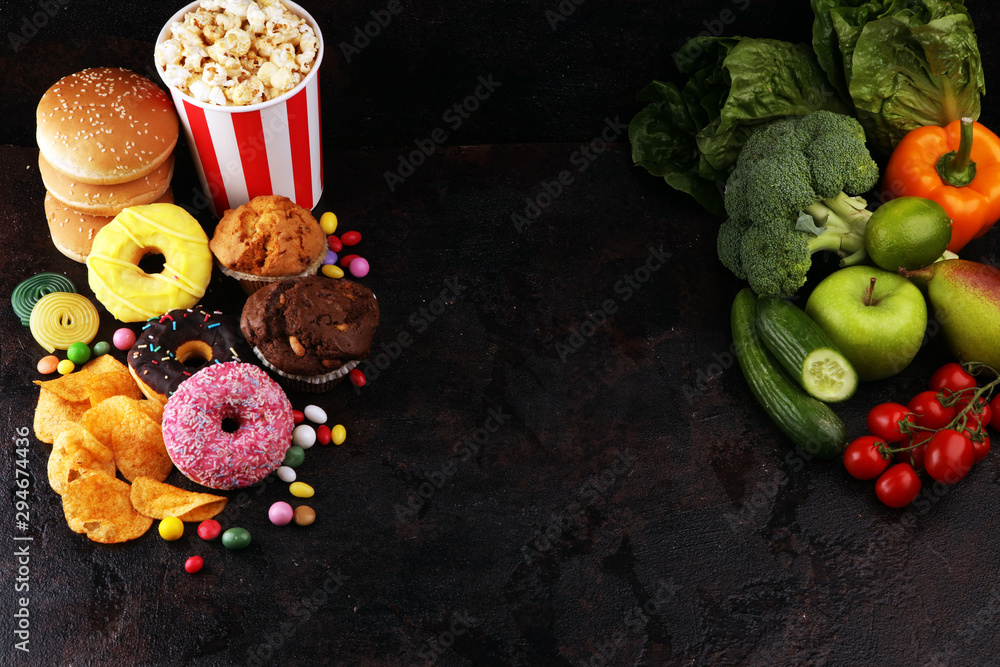 healthy or unhealthy food. Concept photo of healthy and unhealthy food ...