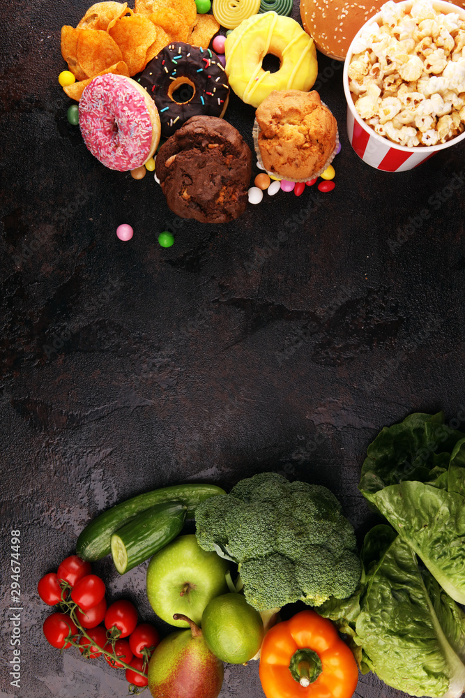 healthy or unhealthy food. Concept photo of healthy and unhealthy food ...