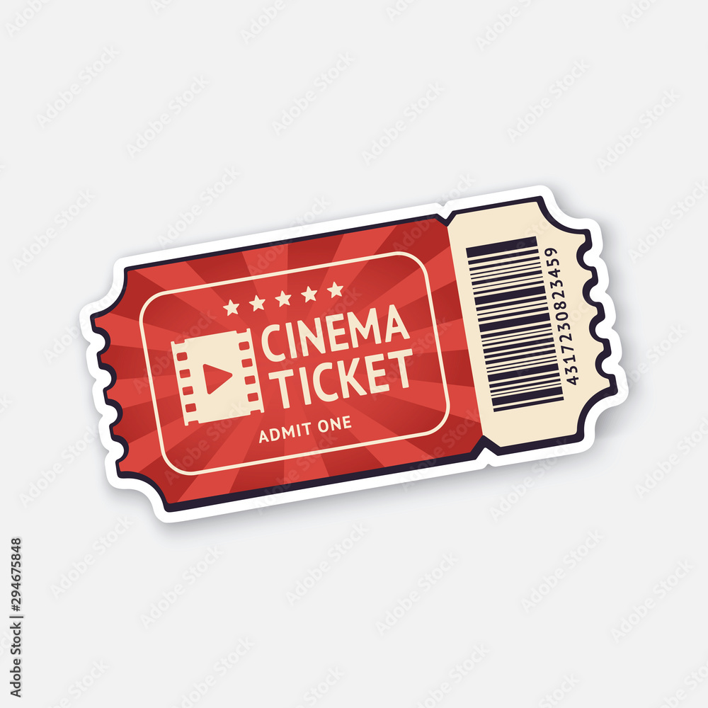 Vector illustration. One cinema ticket with barcode. Paper retro coupon ...
