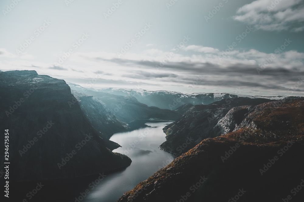 Breathtaking views of Norwegian national park, river and fjords at ...