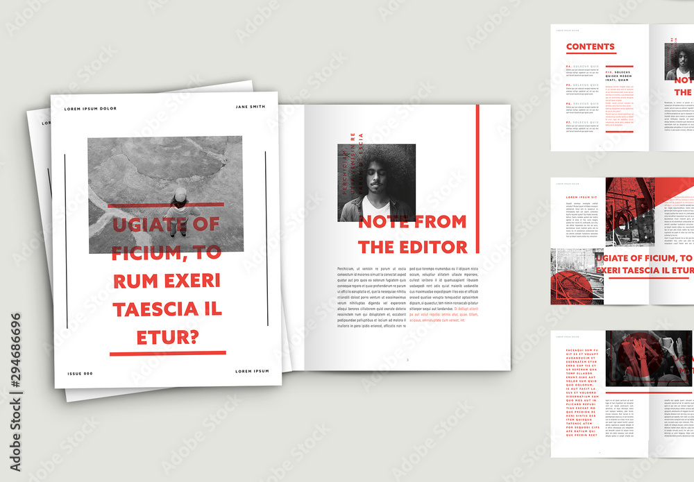 Magazine Layout with Red Accents Stock Template | Adobe Stock