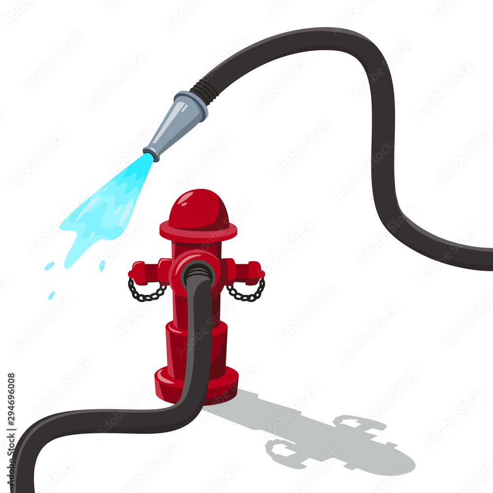 Bright and colorful hydrant with a hose attached to it; water flows out ...