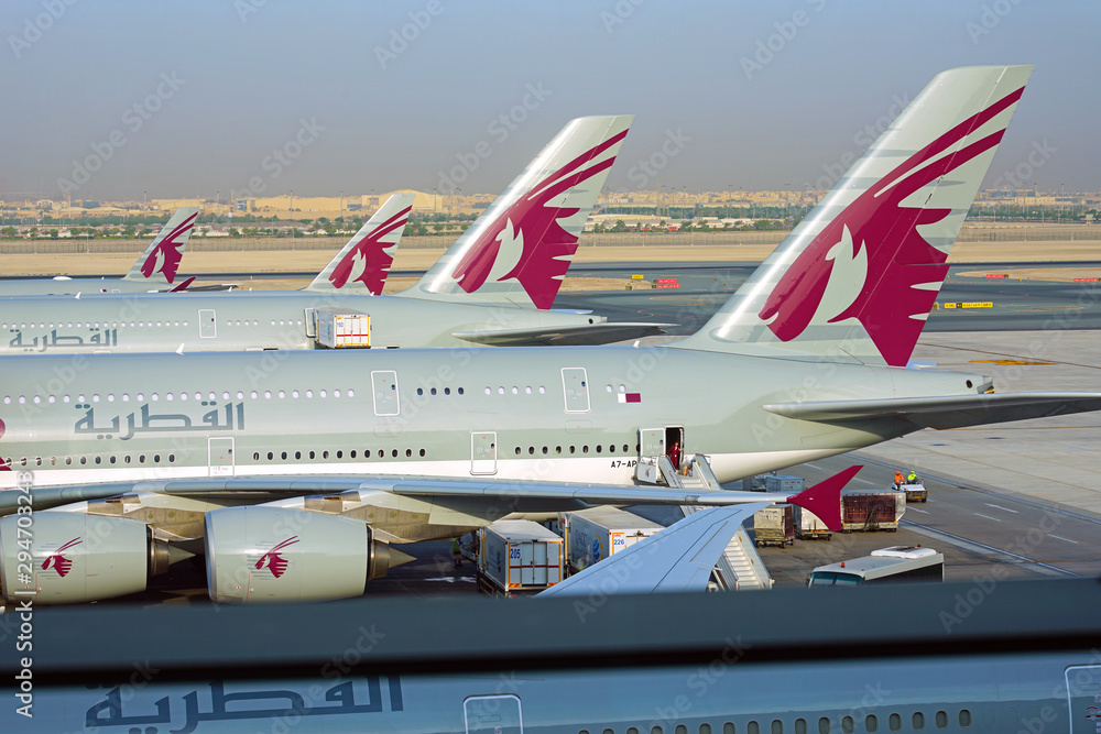 DOHA, QATAR -17 JUN 2019- View of airplanes from Qatar Airways (QR) at ...