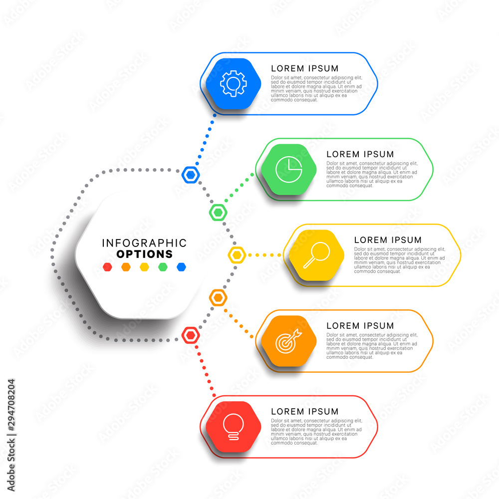 5 steps infographic template with realistic hexagonal elements on white background. business ...