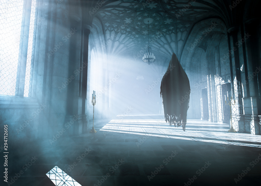 Frightening Ghost in a cathedral archway illuminated by the moonlight ...