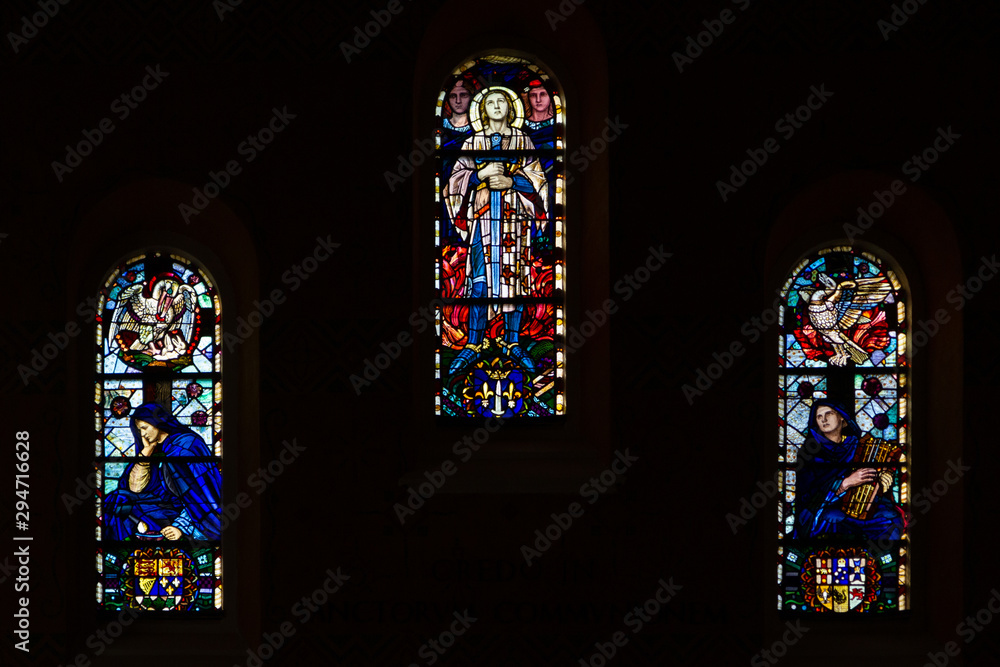 Ablain-Saint-Nazaire, France. 2019/9/14. Stained glass window depicting ...