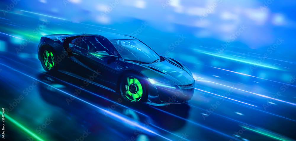 Futuristic high speed sports car in motion with technology background ...