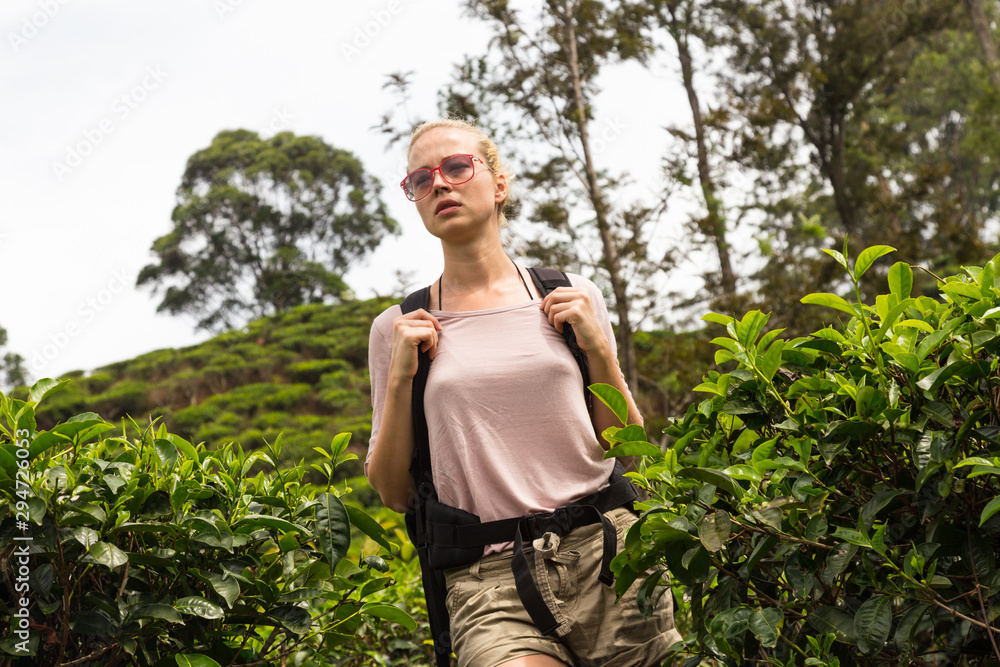 Active caucasian blonde woman enjoing fresh air and pristine nature while tracking among tea ...