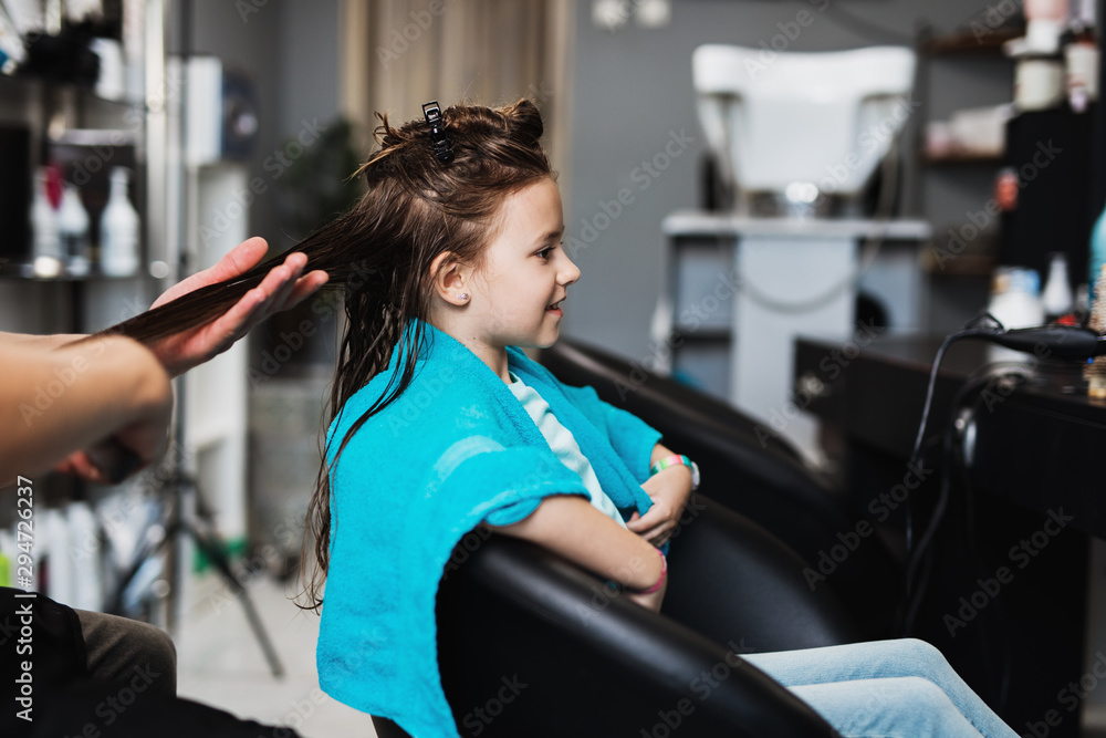 Beautiful hairstyle of cute girl in hair salon. Stock Photo | Adobe Stock
