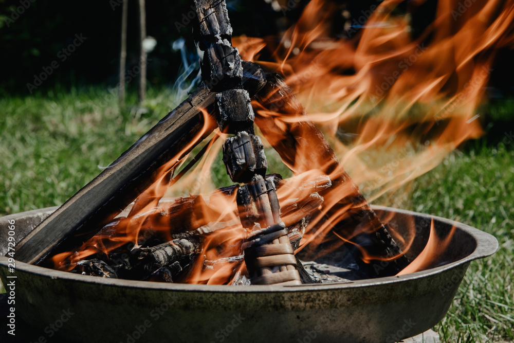 Lighting a bonfire. The concept of spending free time outdoors ...