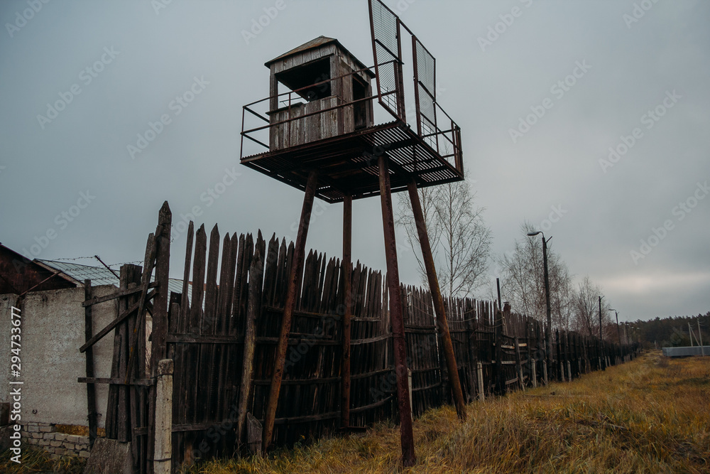 Old observation tower in abandoned Soviet Russian prison complex Stock ...