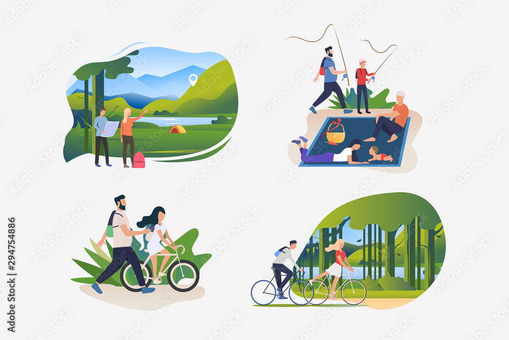 Active lifestyle illustration set. People riding bikes outdoors, hiking ...