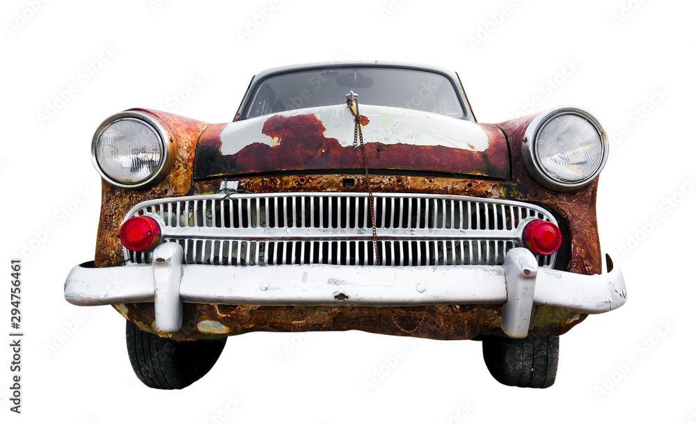 Antique cars with rust. Detail of the front headlight of an old car ...