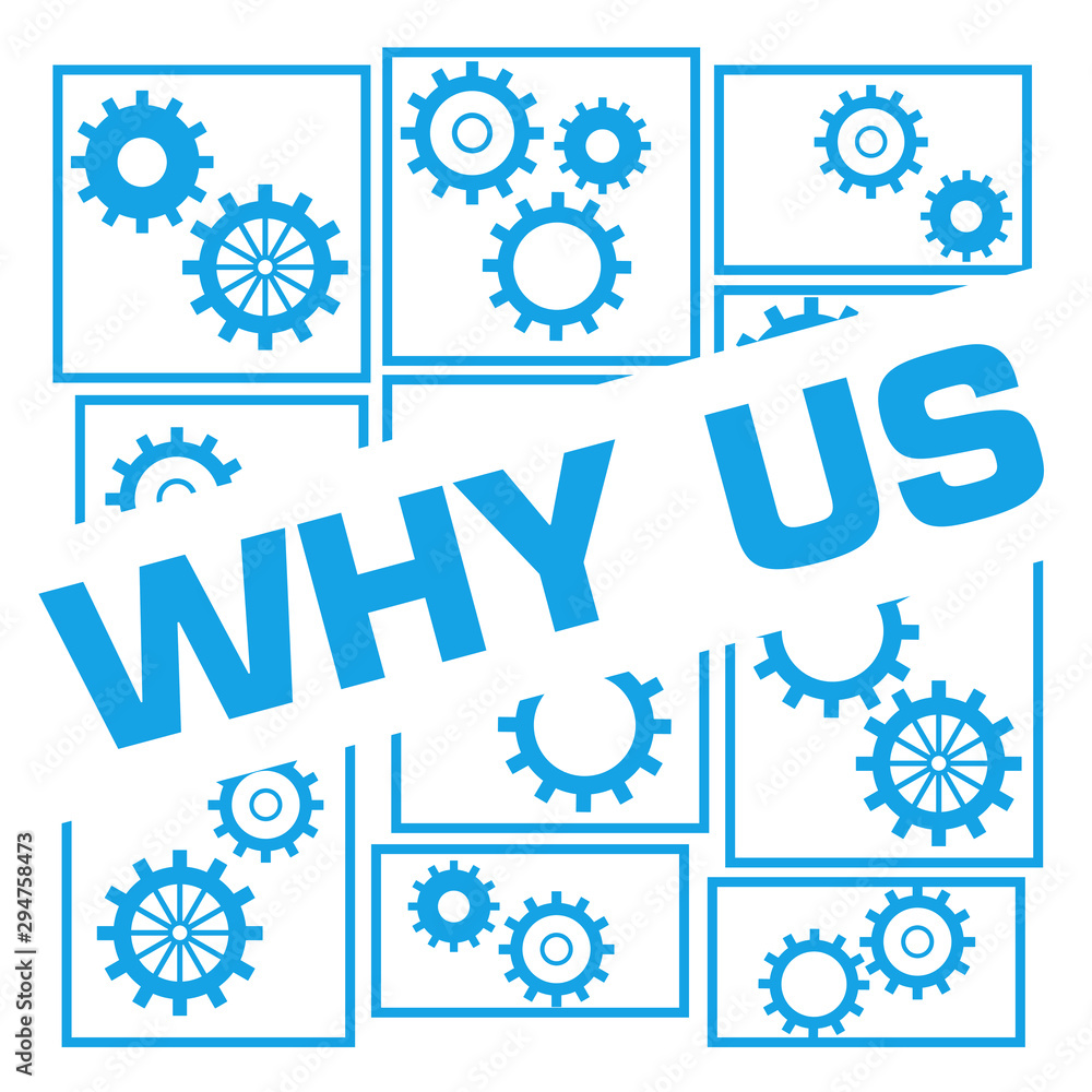 Why Us Blue Borders Gears Grid Badge Style Stock Illustration | Adobe Stock