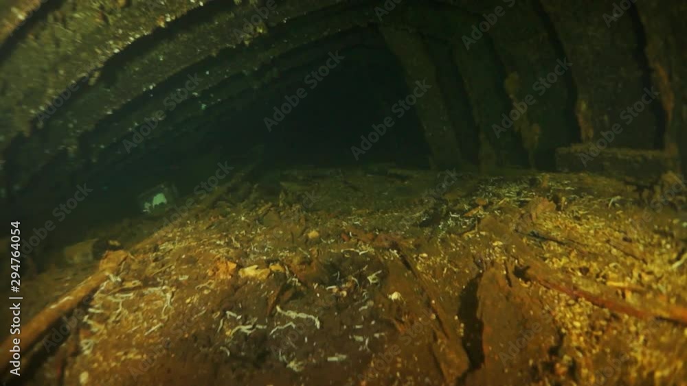 Sunken ship inside view on wreck underwater in Truk Lagoon on Chuuk ...