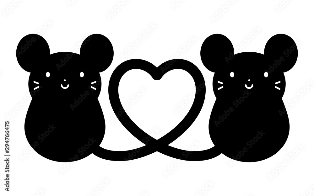 The silhouette of two mice folded their tails in a heart-shaped pattern ...