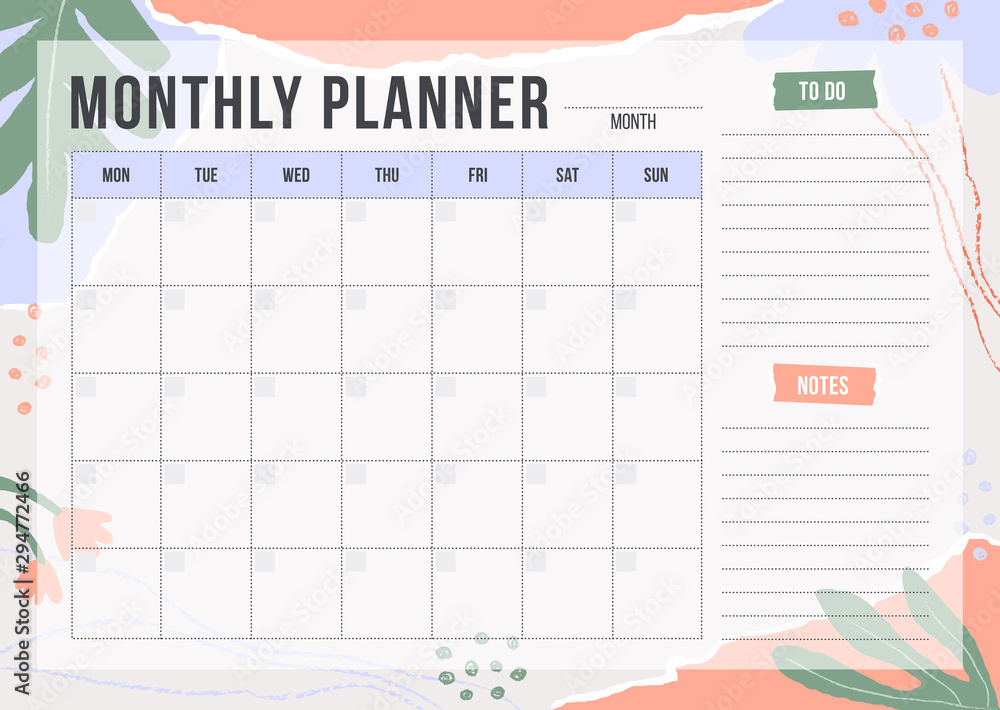 Floral monthly planning template with pieces of torn paper, flower and ...
