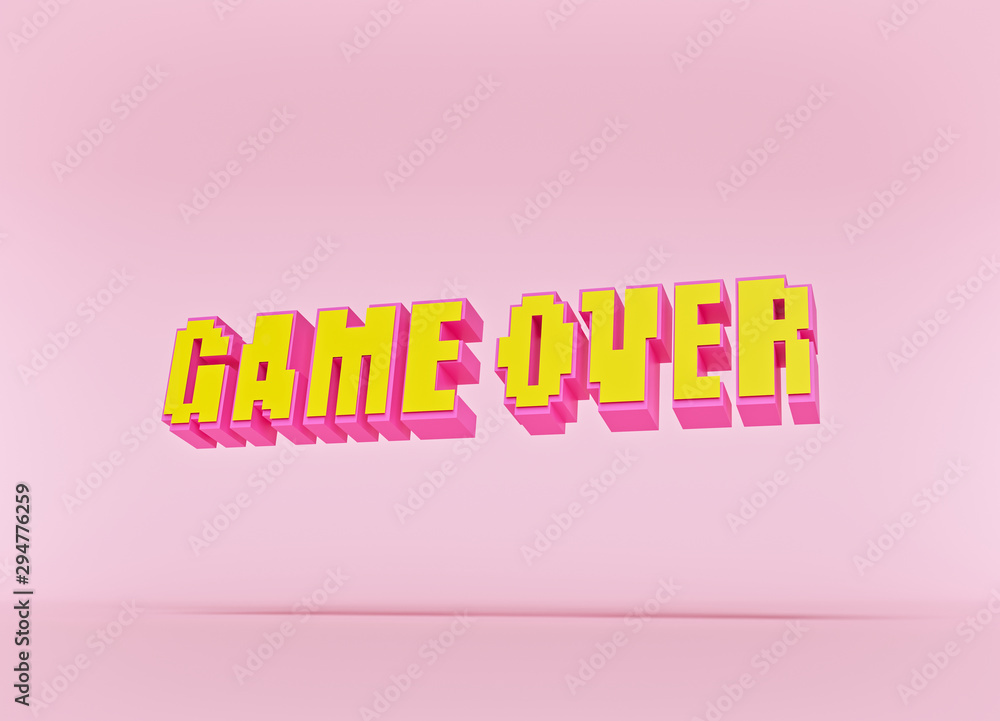 game over Pixel art text isolated on pastel pink background. 3d ...