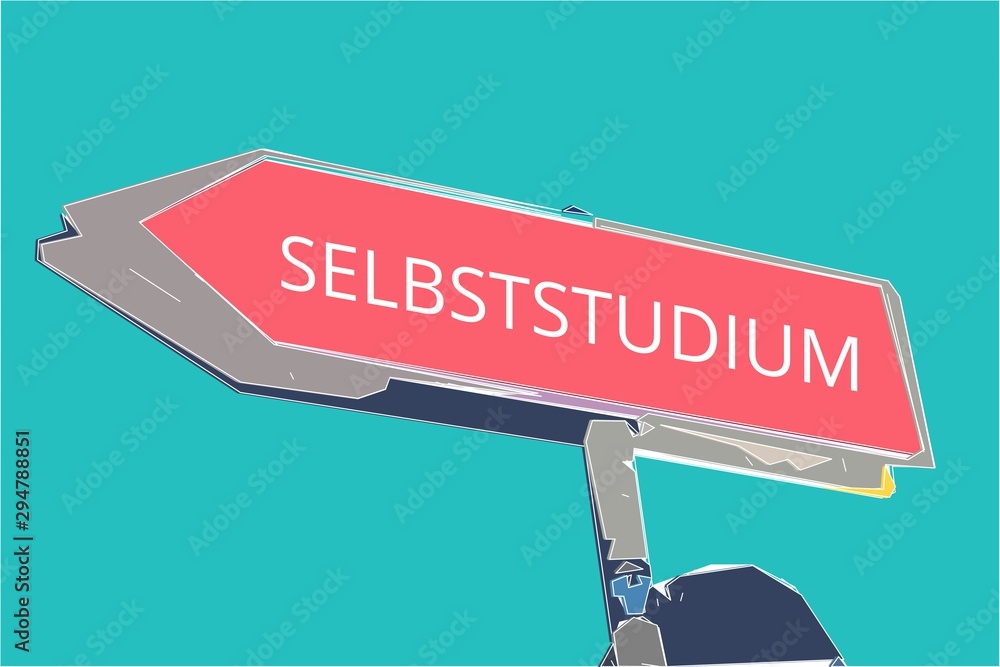 Selbststudium. Wegweiser rotes Schild. Pfeil Richtung nach links ...