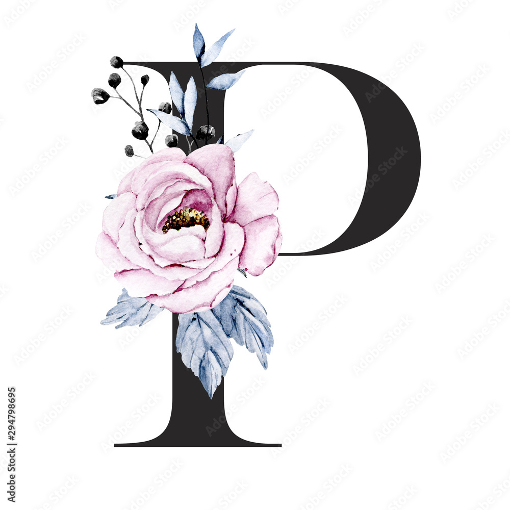 Letter p with watercolor flowers and leaves. Floral alphabet, monogram ...