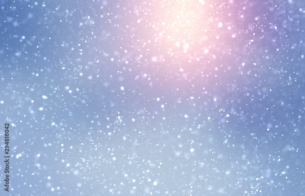 Snow falling on shiny blue background. Pink glow. Lens flare. Outdoor ...