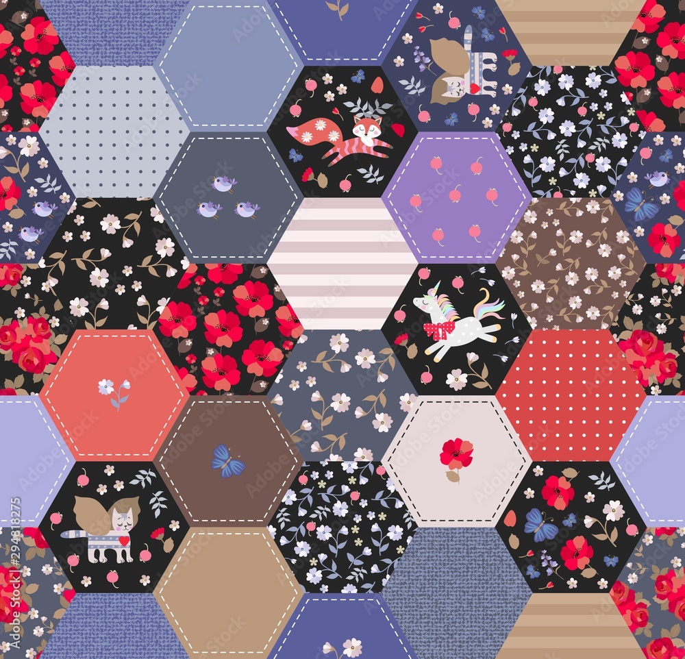 Cute seamless patchwork pattern for kids with fairy unicorns and cats ...