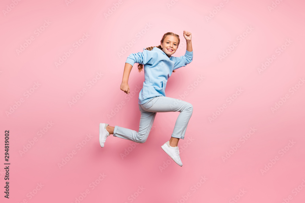 Full body profile photo of pretty little lady jumping high running to ...