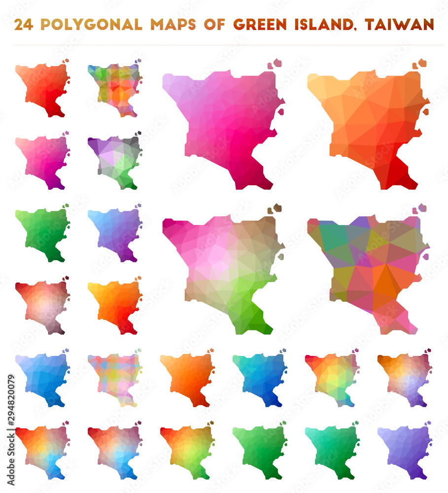 Set of vector polygonal maps of Green Island, Taiwan. Bright gradient ...